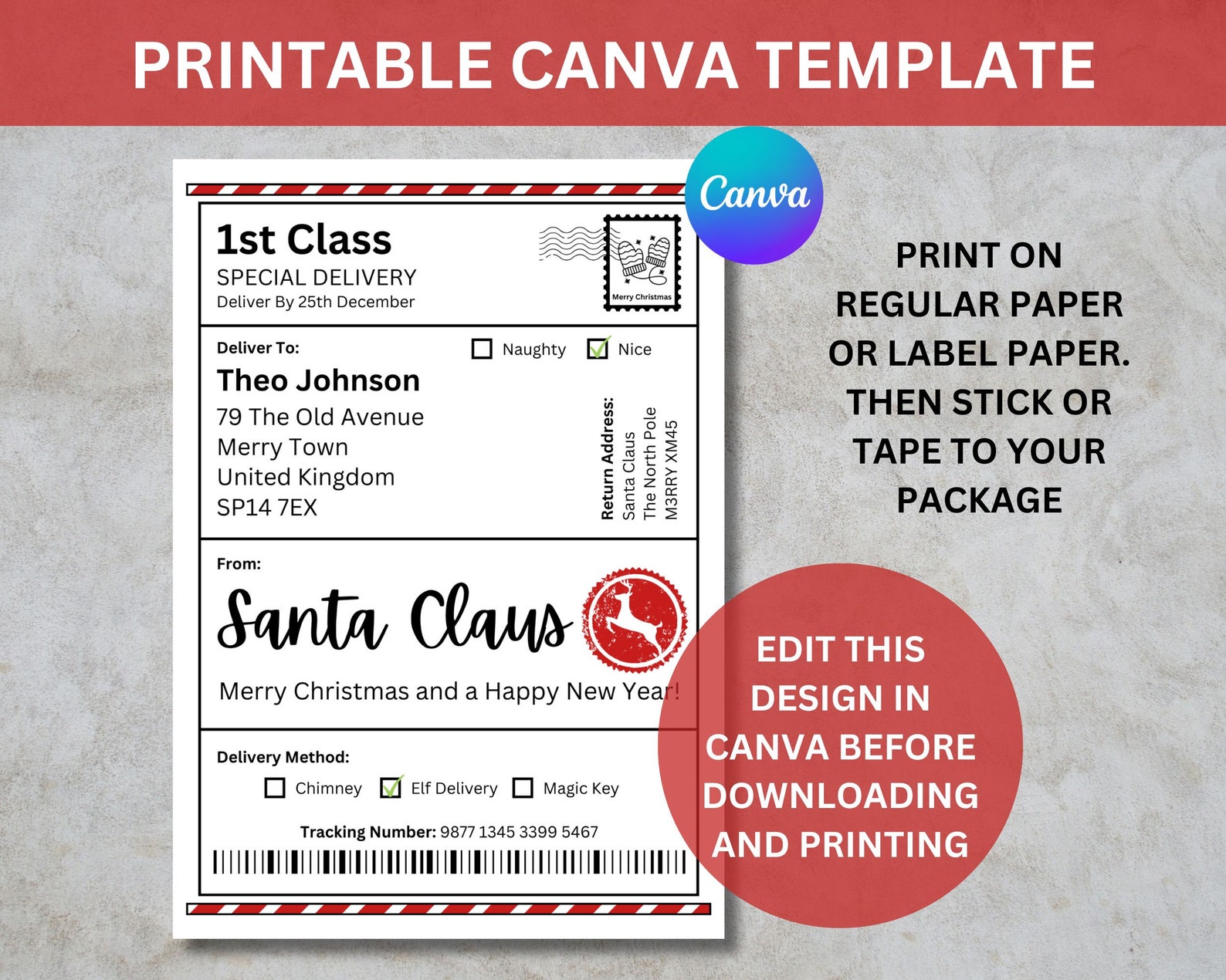 Printable Santa Shipping Label, North Pole Delivery Label, North Pole ...