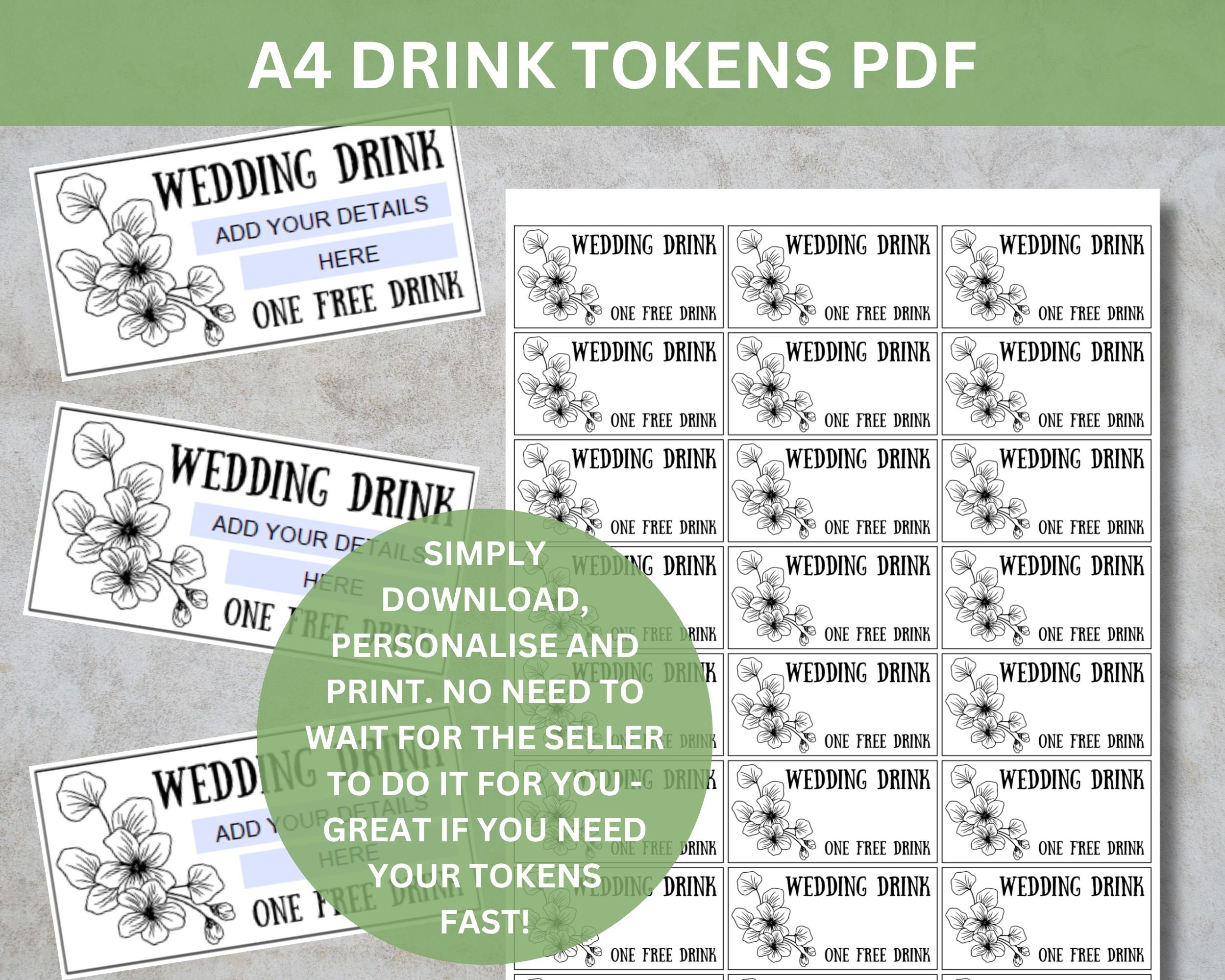 Editable Wedding Drink Tokens, Wedding Drink Ticket, Customisable ...