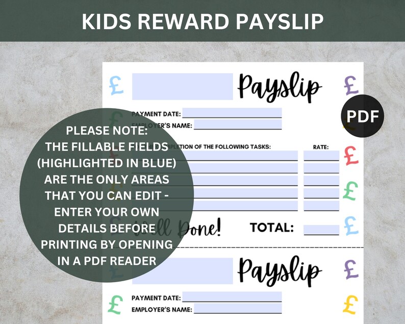 Editable Payslip for Kids, Printable Kids Pay Cheque, Chore Chart for ...