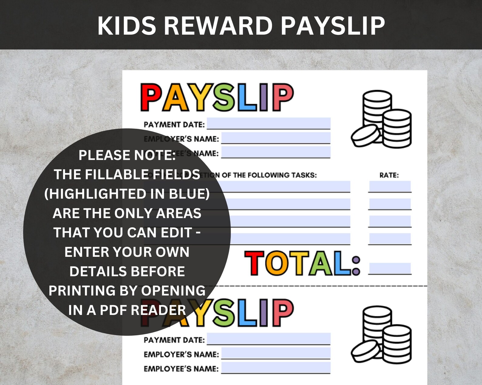 Editable Payslip for Kids, Printable Kids Pay Cheque, Chore Chart for ...