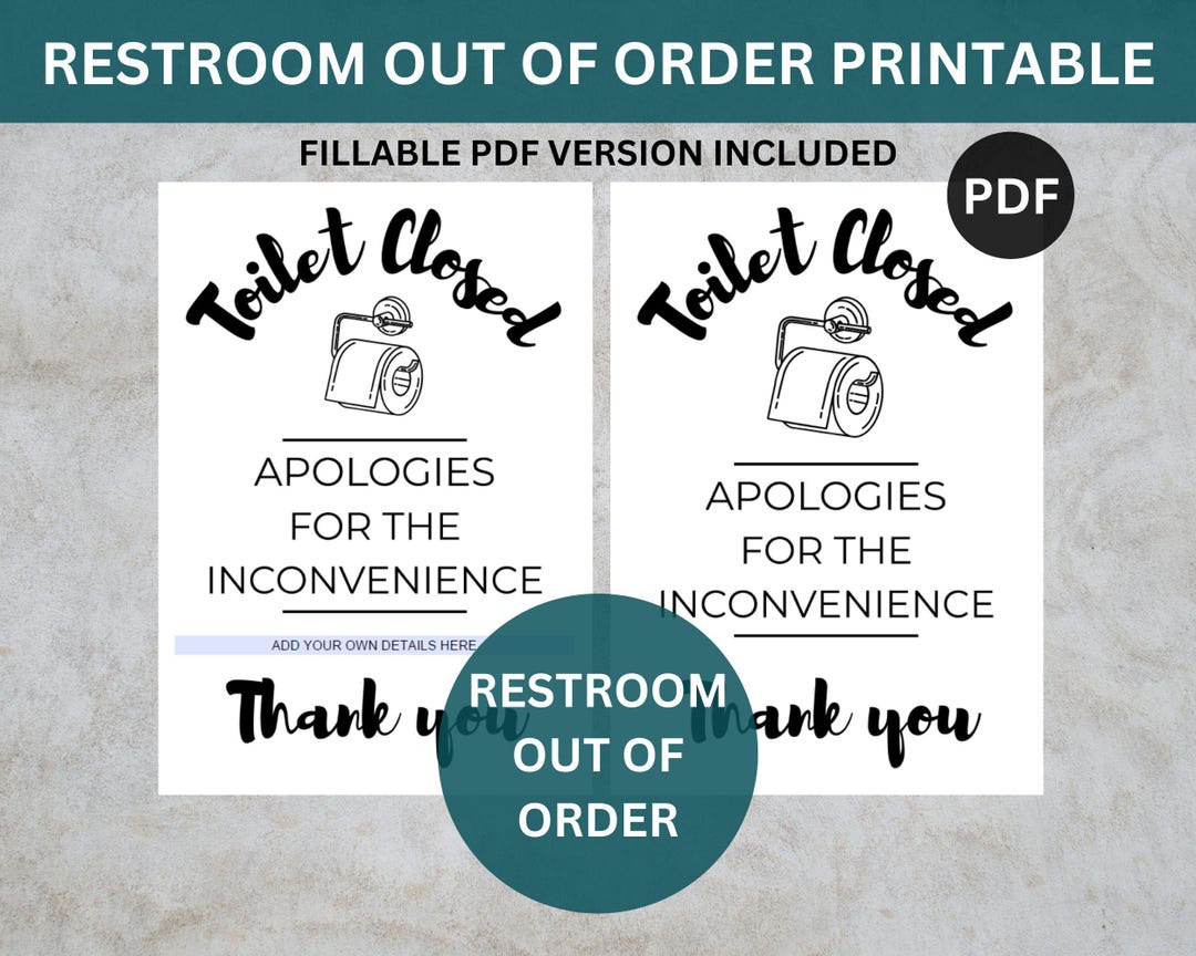 Restroom Closed Printable Sign, Toilet Out of Order PDF - A4 Bathroom ...