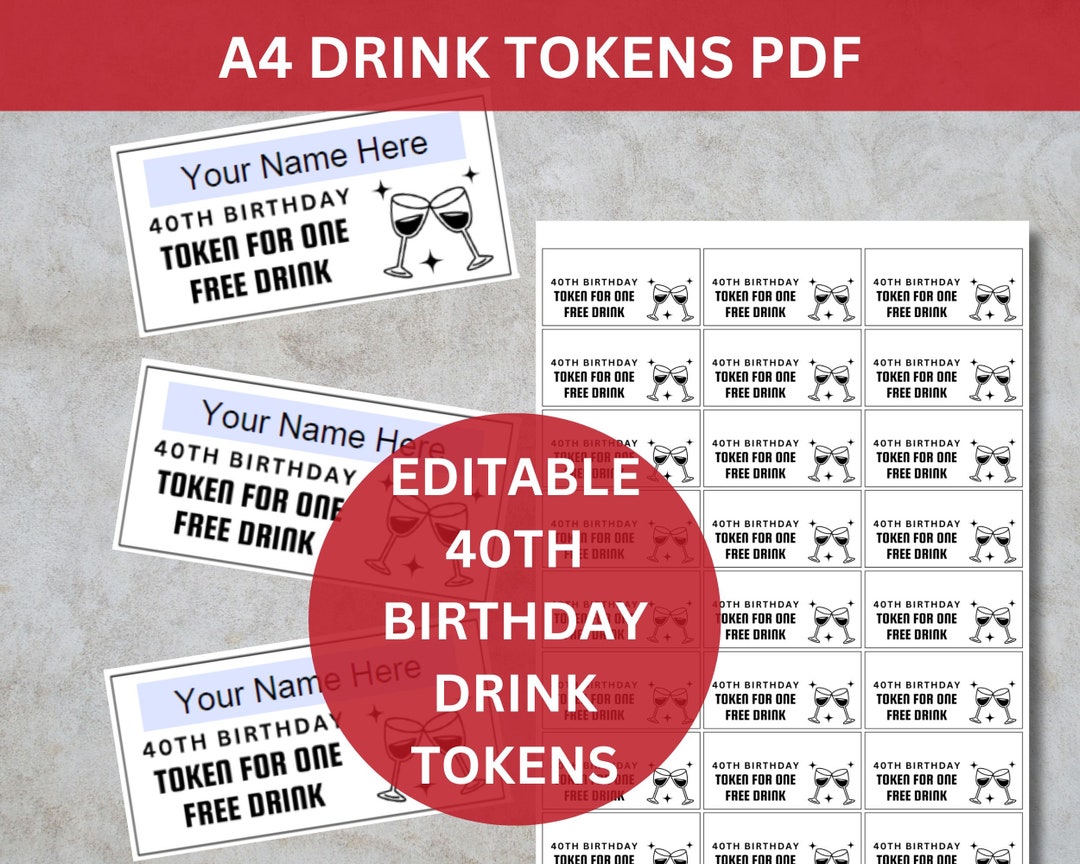 Editable 40th Birthday Drink Tokens, Printable Birthday Drink Vouchers ...