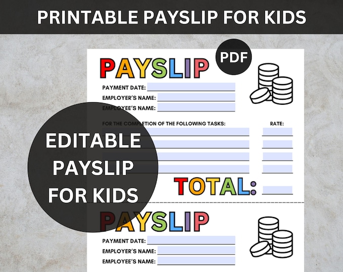 Payslip for Kids, Printable Kids Paystub, Kids Paycheck, Earn Money ...