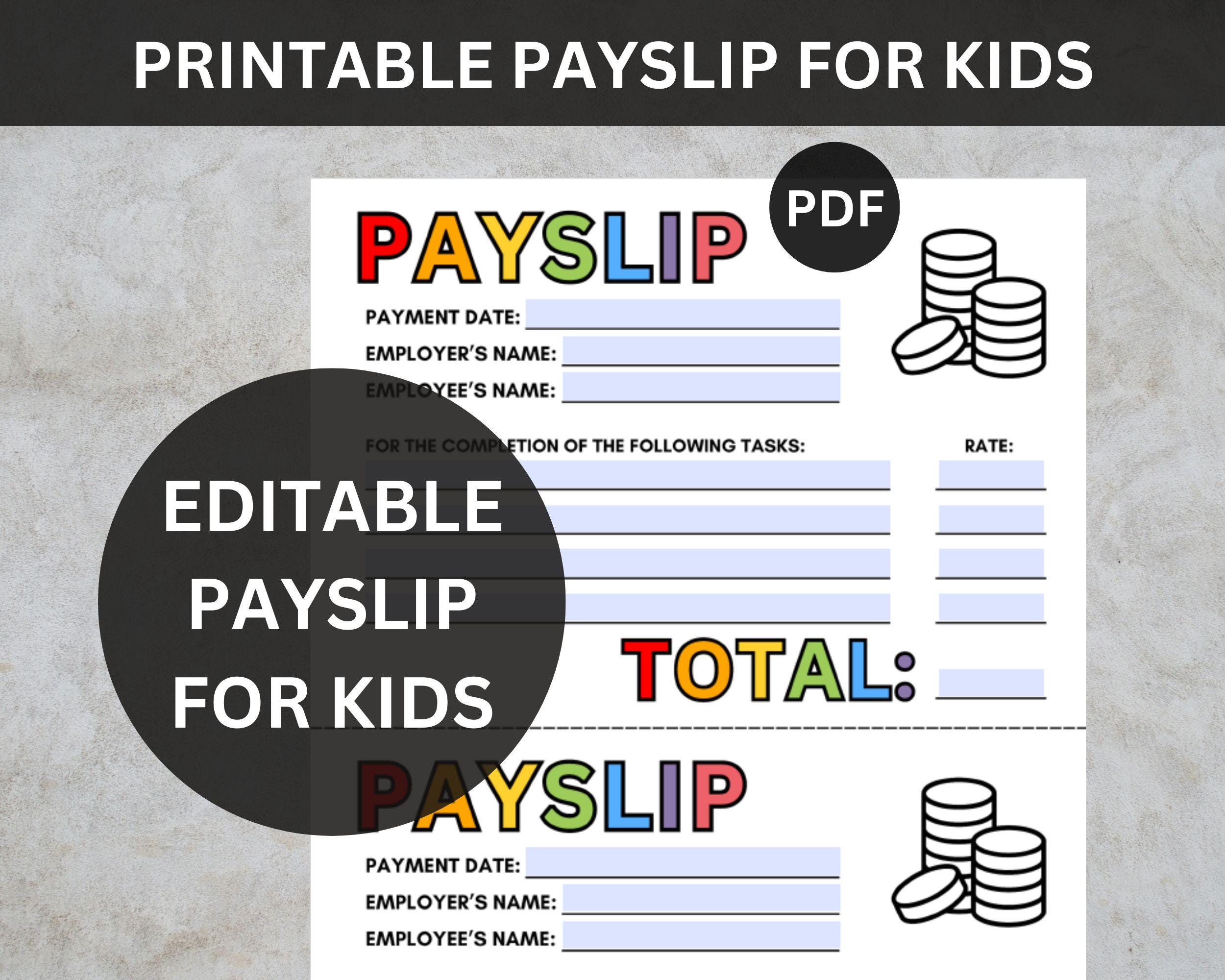 Editable Payslip for Kids, Printable Kids Pay Cheque, Chore Chart for ...