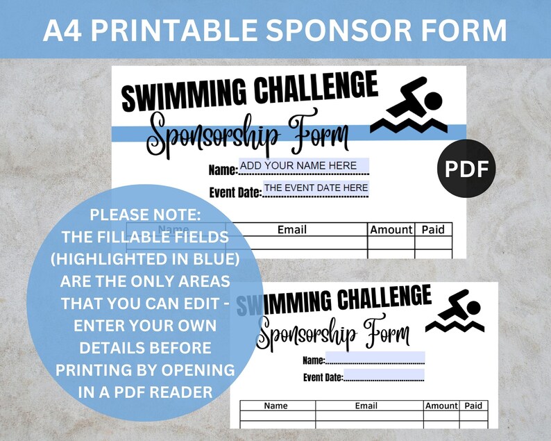 Swimming Challenge Printable Sponsorship Form - Printable PDF Download ...