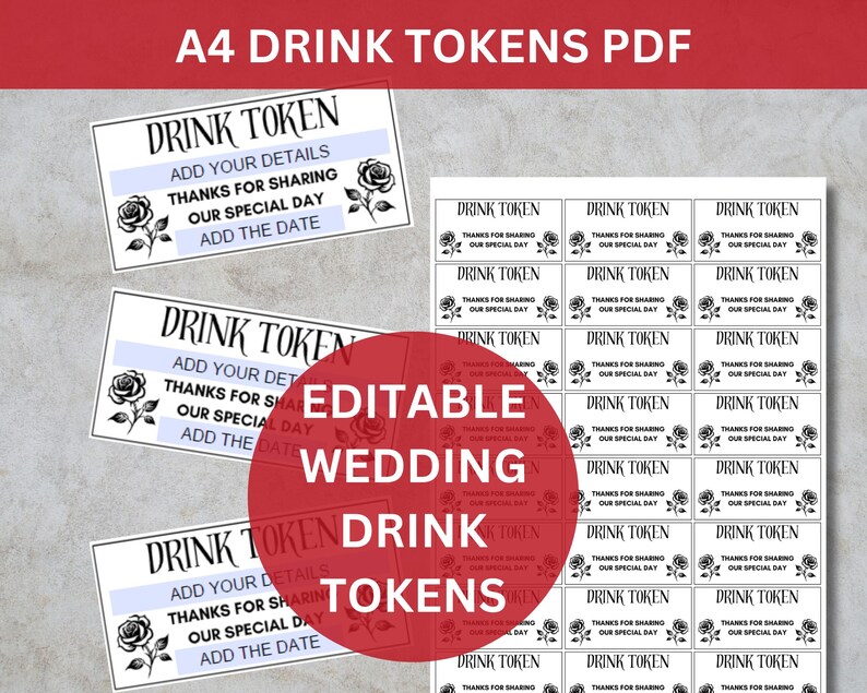 Editable Wedding Drink Tokens, Customisable Wedding Drink Token ...
