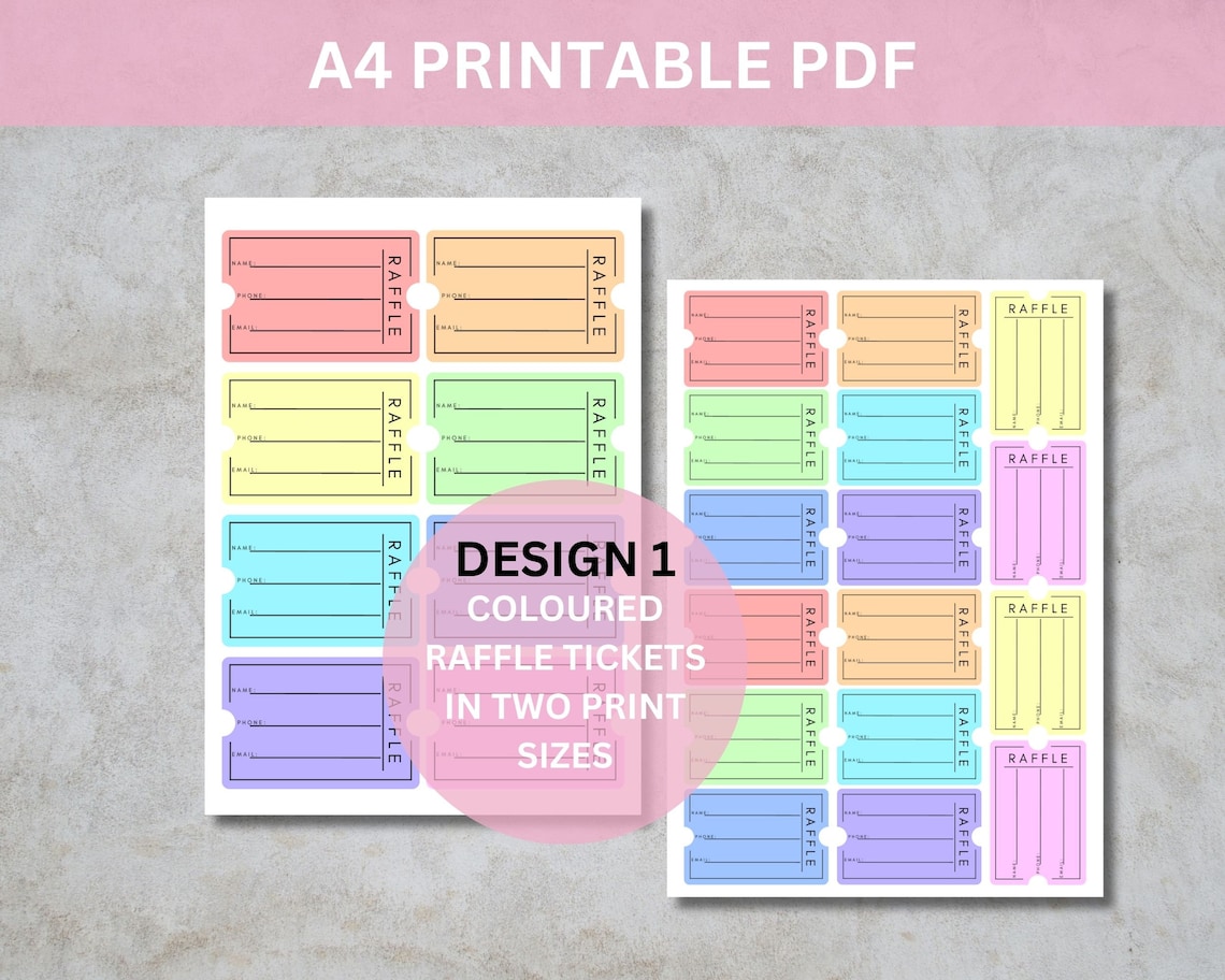 Raffle Ticket Sheet, Coloured Raffle Tickets, A4 Printable Raffle ...