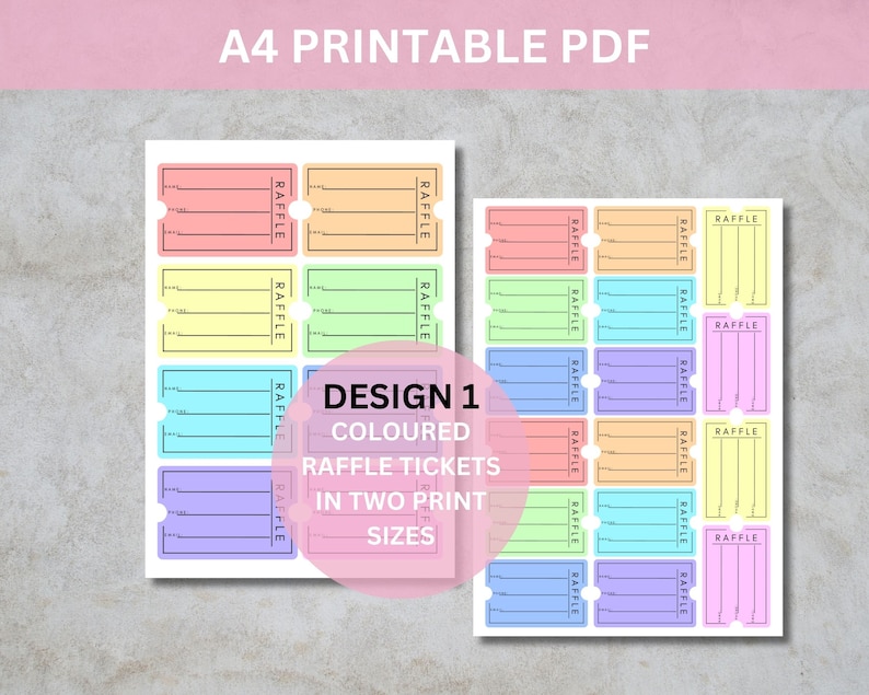 Raffle Ticket Sheet, Coloured Raffle Tickets, A4 Printable Raffle ...