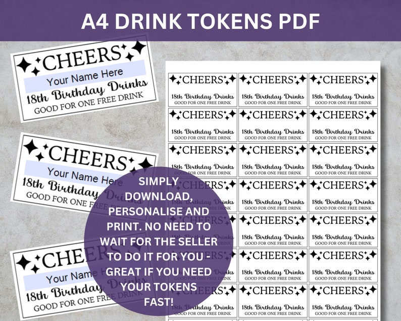 18th Birthday Drink Token - Printable Bar Voucher (editable PDF Party ...