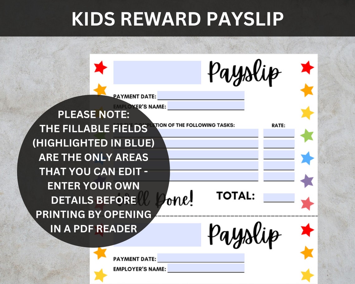 Editable Payslip for Kids, Printable Kids Paycheck, Chore Chart for Kid ...