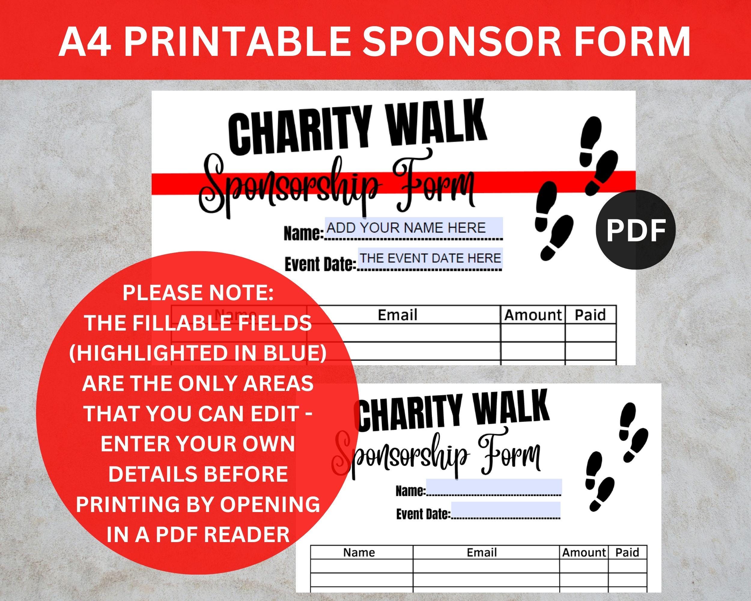 Charity Walk Printable Sponsorship Form, Sponsorship Form, Fundraising ...