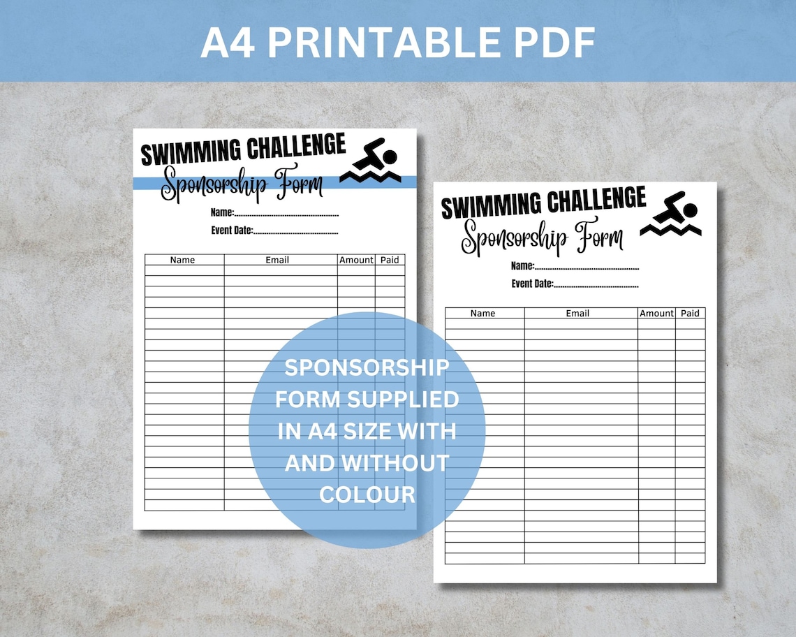 Swimming Challenge Printable Sponsorship Form Printable PDF Download - Etsy