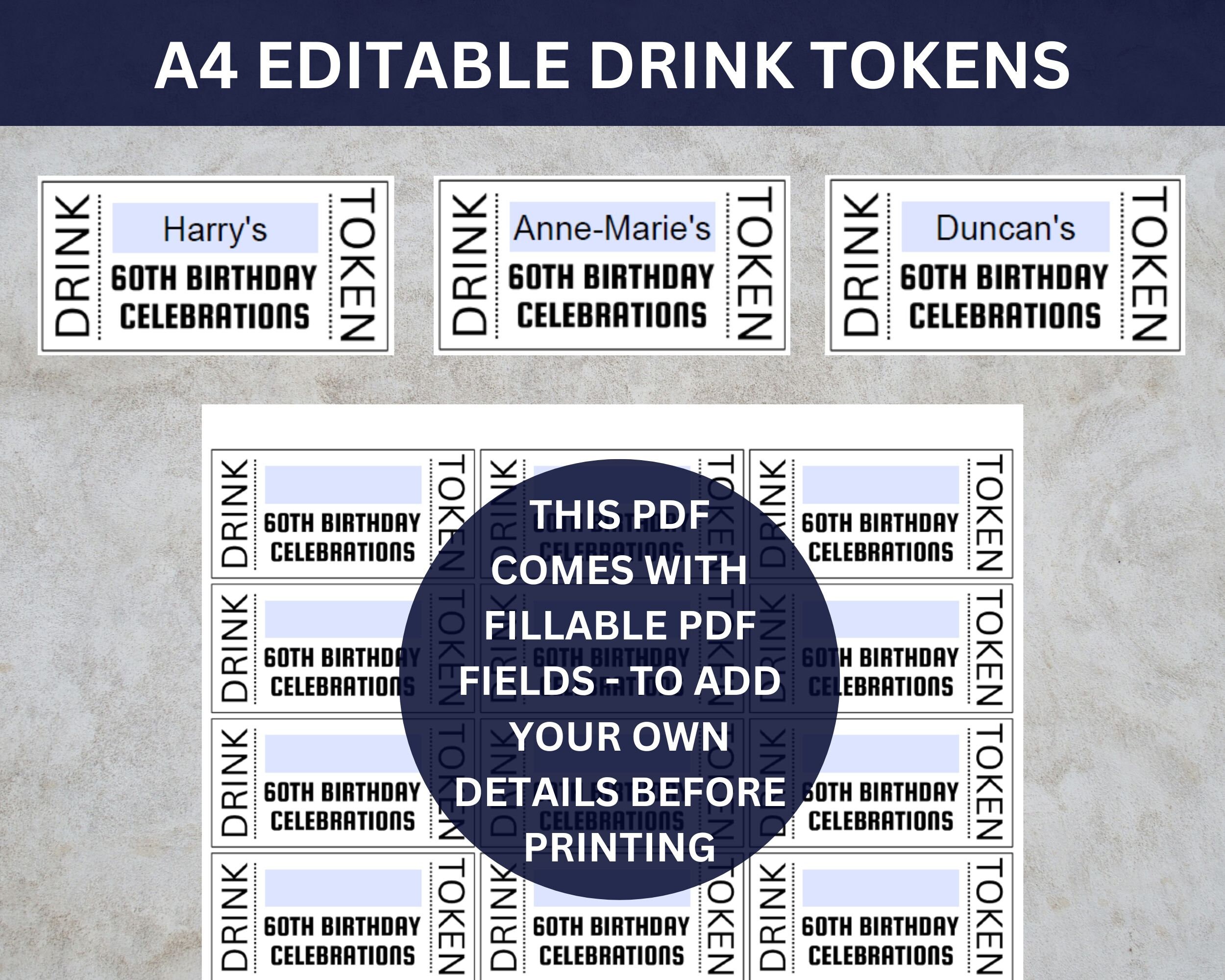 Editable 60th Birthday Drink Tokens, Printable Birthday Drink Tokens ...