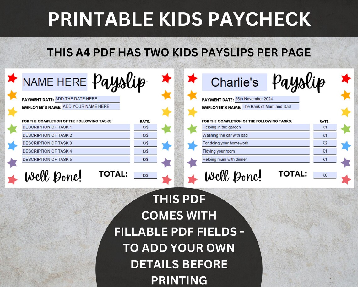 Editable Payslip for Kids, Printable Kids Paycheck, Chore Chart for Kid ...