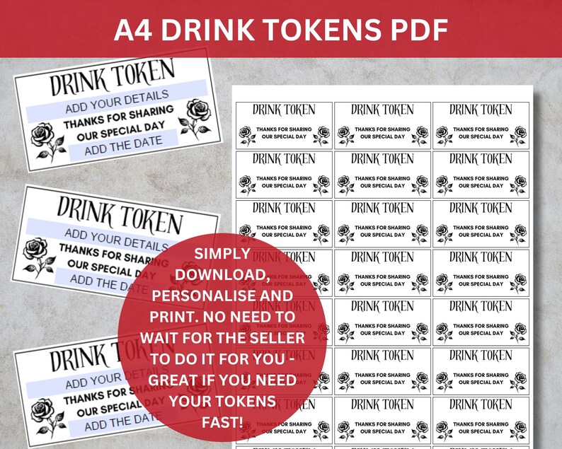Editable Wedding Drink Tokens, Customisable Wedding Drink Token ...