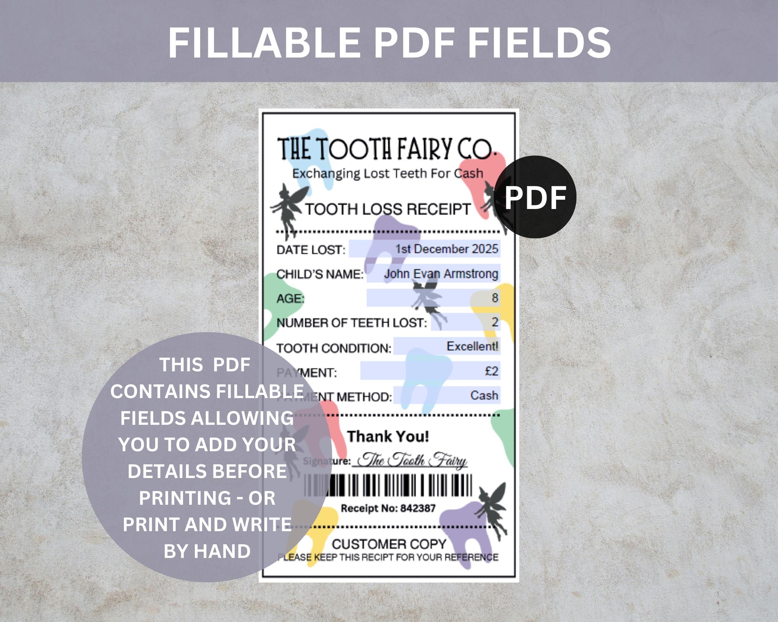 Printable Tooth Fairy Receipt: Editable Lost Tooth Note Keepsake (PDF ...