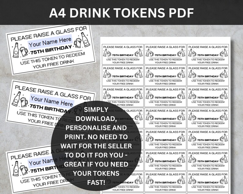 Editable 75th Birthday Drink Tokens, Printable Birthday Drink Tokens ...