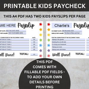 Editable Payslip for Kids, Printable Kids Paycheck, Chore Chart for Kid ...