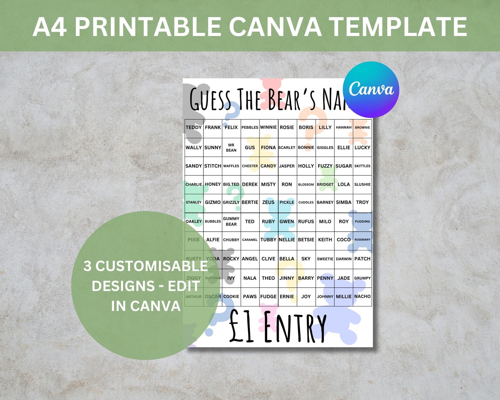 Charity Fundraising Game, Guess the Bear's Name Canva Template, Guess ...
