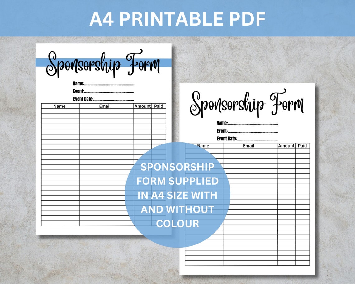 Sponsorship Form, Printable Charity Sponsorship Form, Fundraising ...