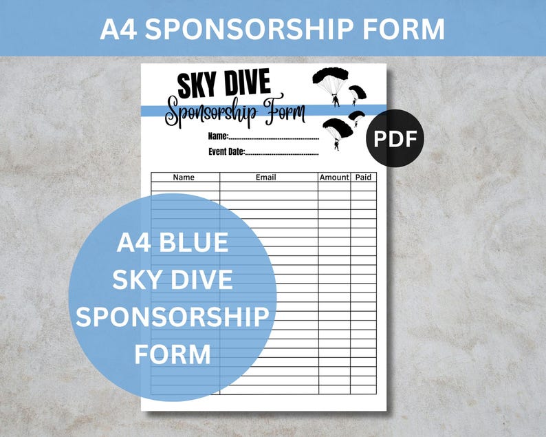 Sky Dive Printable Sponsorship Form - Printable PDF Download - Etsy