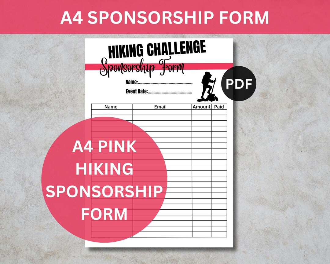Hiking Fundraising Sponsorship Form - A4 Printable PDF - Editable ...