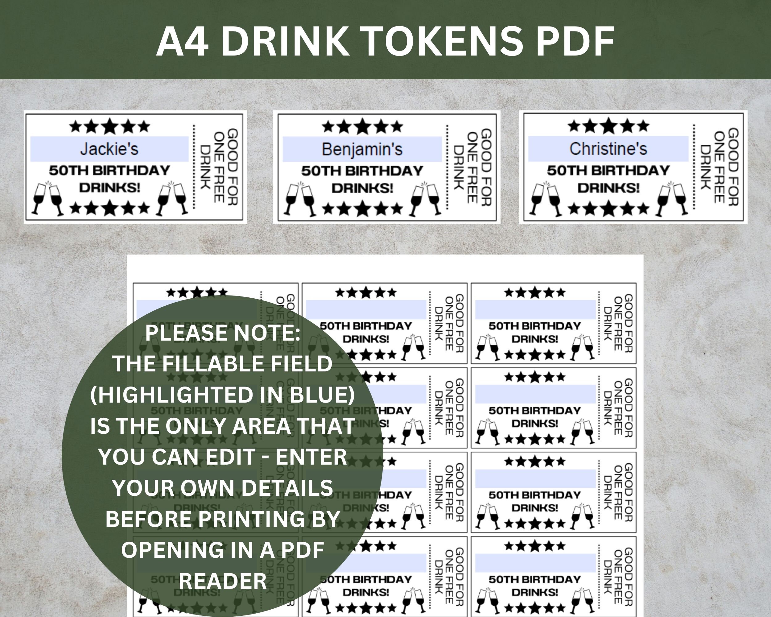 Editable 50th Birthday Drink Tokens, Printable Birthday Drink Tokens ...