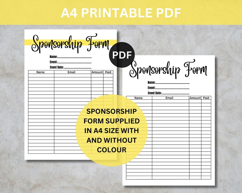 Sponsorship Form - Charity Fundraiser Form - PDF Printable - Instant ...