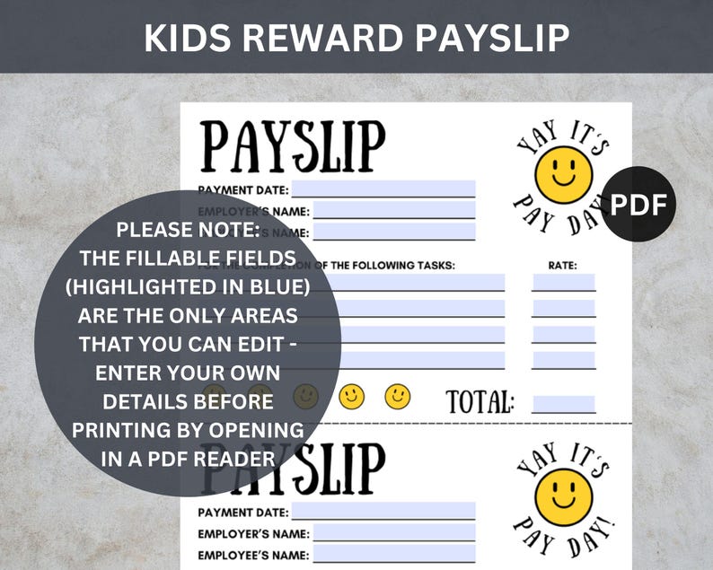 Editable Payslip for Kids, Printable Kids Paycheck, Kids Reward System ...