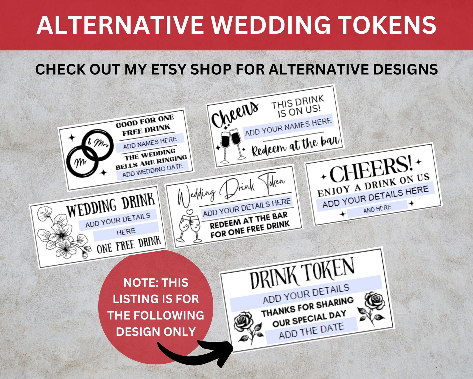 Editable Wedding Drink Tokens, Customisable Wedding Drink Token ...