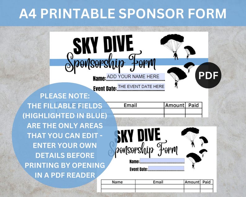 Sky Dive Printable Sponsorship Form - Printable PDF Download - Etsy