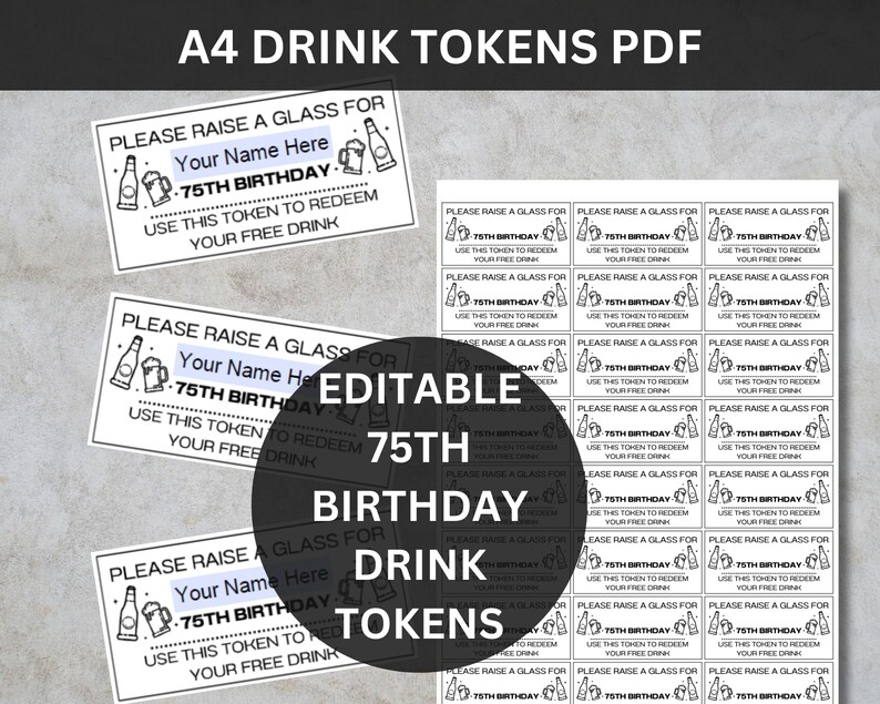 Editable 75th Birthday Drink Tokens, Printable Birthday Drink Tokens ...