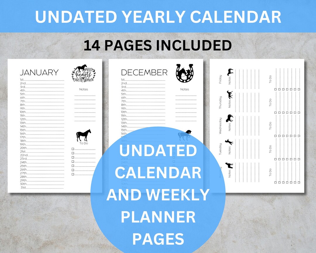 Horse Themed Undated Yearly Calendar and Weekly Planner Pages ...