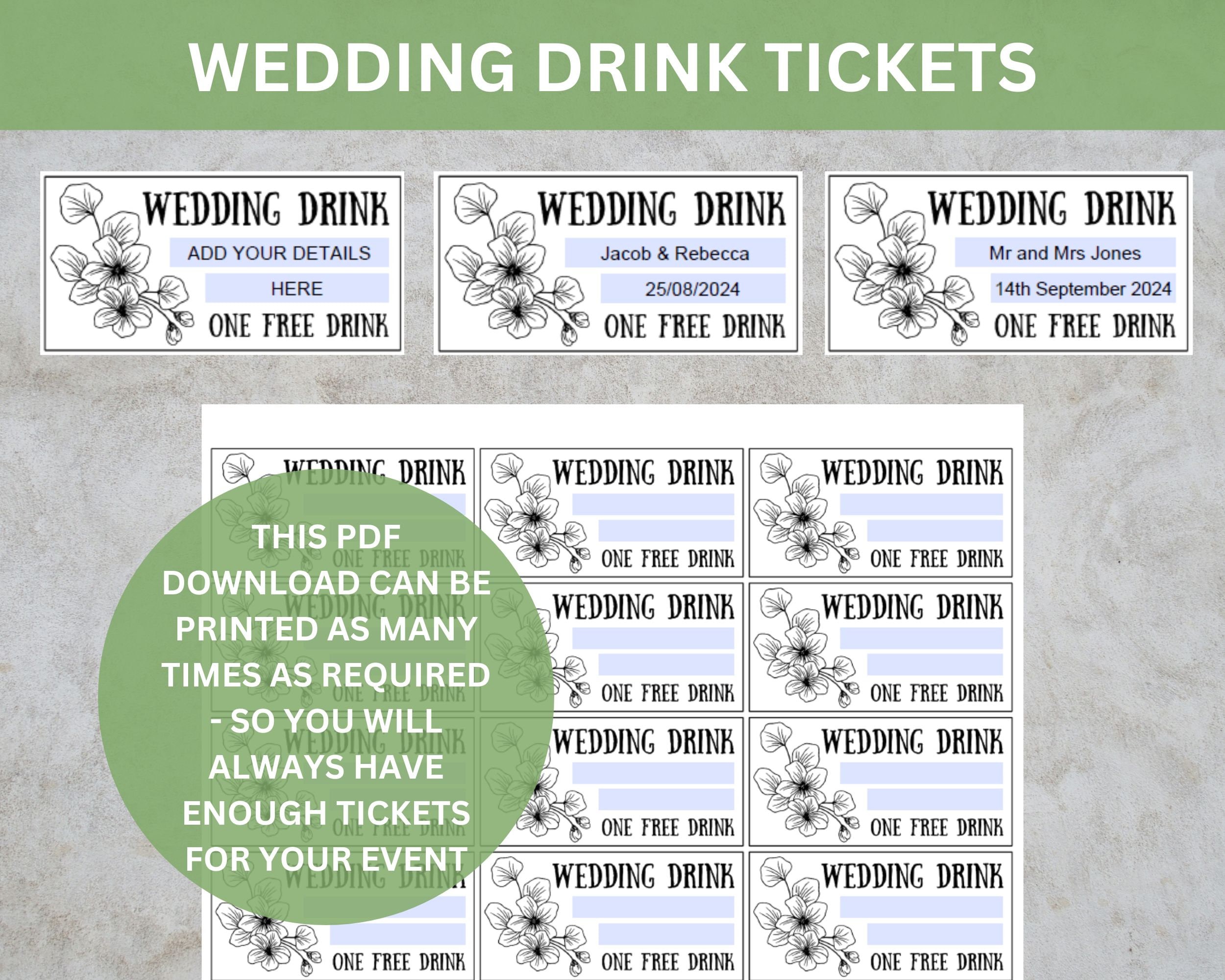 Editable Wedding Drink Tokens, Wedding Drink Ticket, Customisable ...