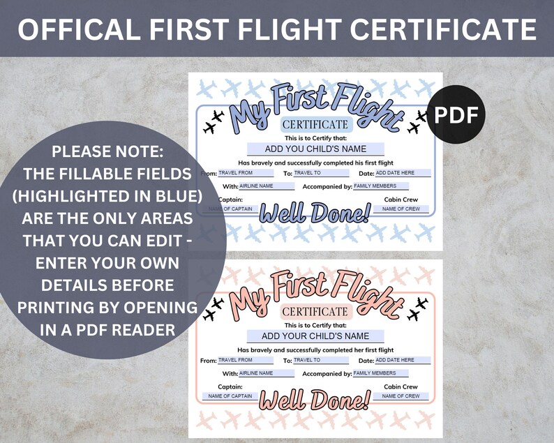 Plane Certificate for Kids, First Flight A4 Printable - Achievement for ...
