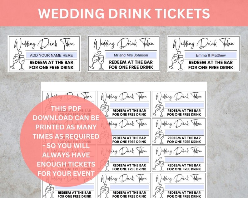 Editable Wedding Drink Tokens, Wedding Drink Tickets, Customisable ...