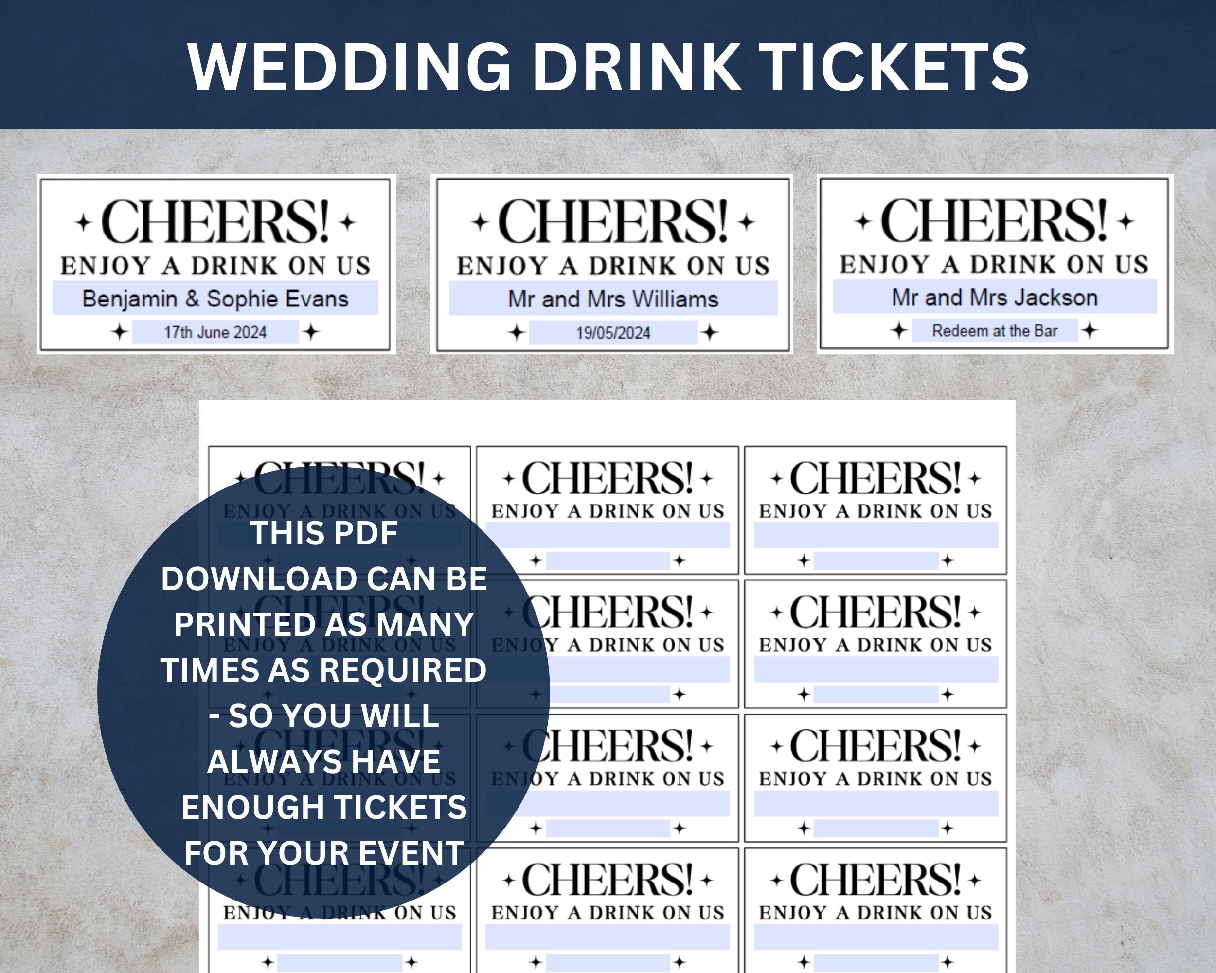 Editable Wedding Drink Tokens, Wedding Bar Tickets, Customisable ...