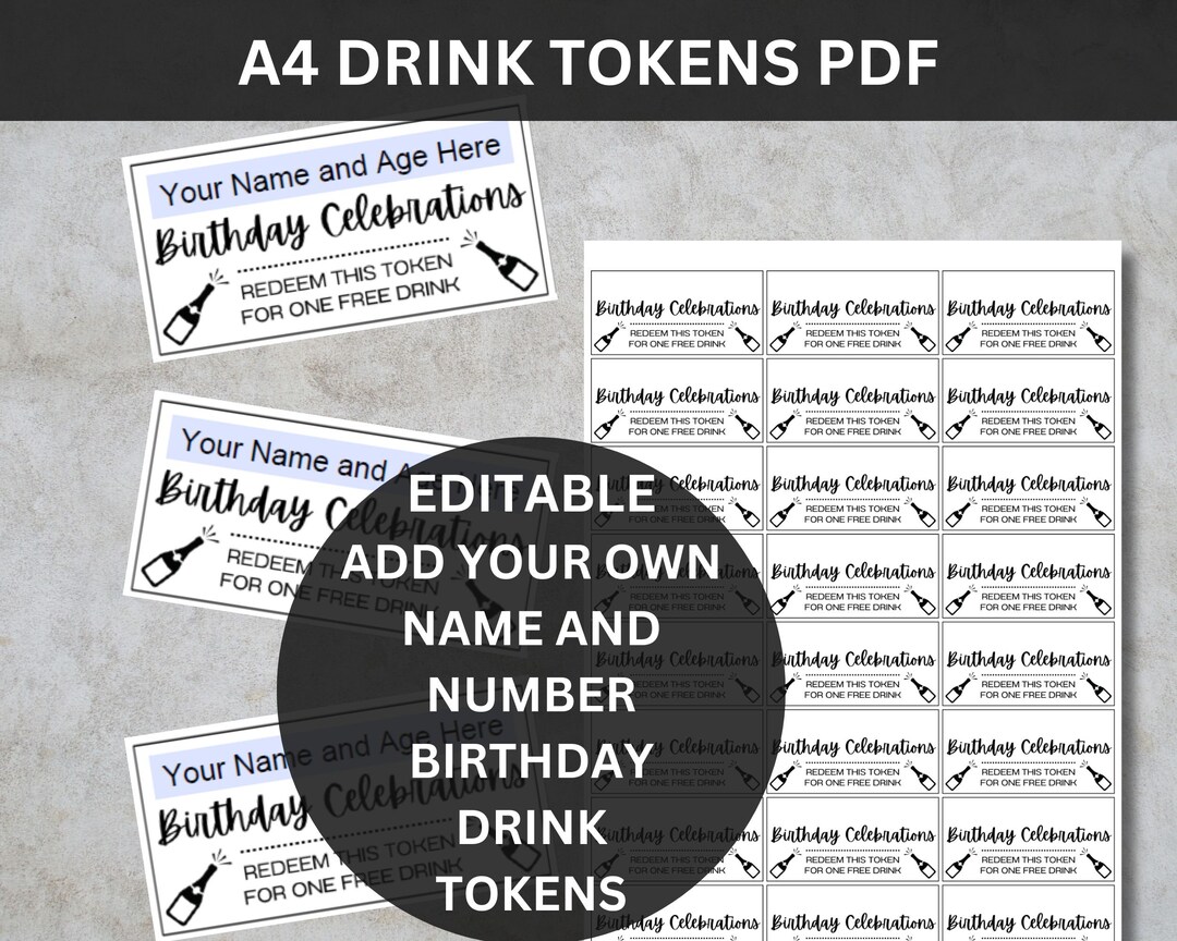 Add Your Name and Number Birthday Drink Tokens, Printable Birthday ...