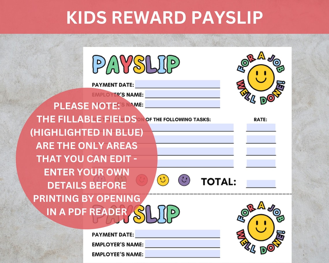 Editable Payslip for Kids, Printable Kids Paycheck, Kids Reward System ...
