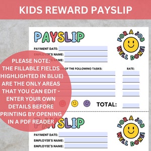 Editable Payslip for Kids, Printable Kids Paycheck, Kids Reward System ...