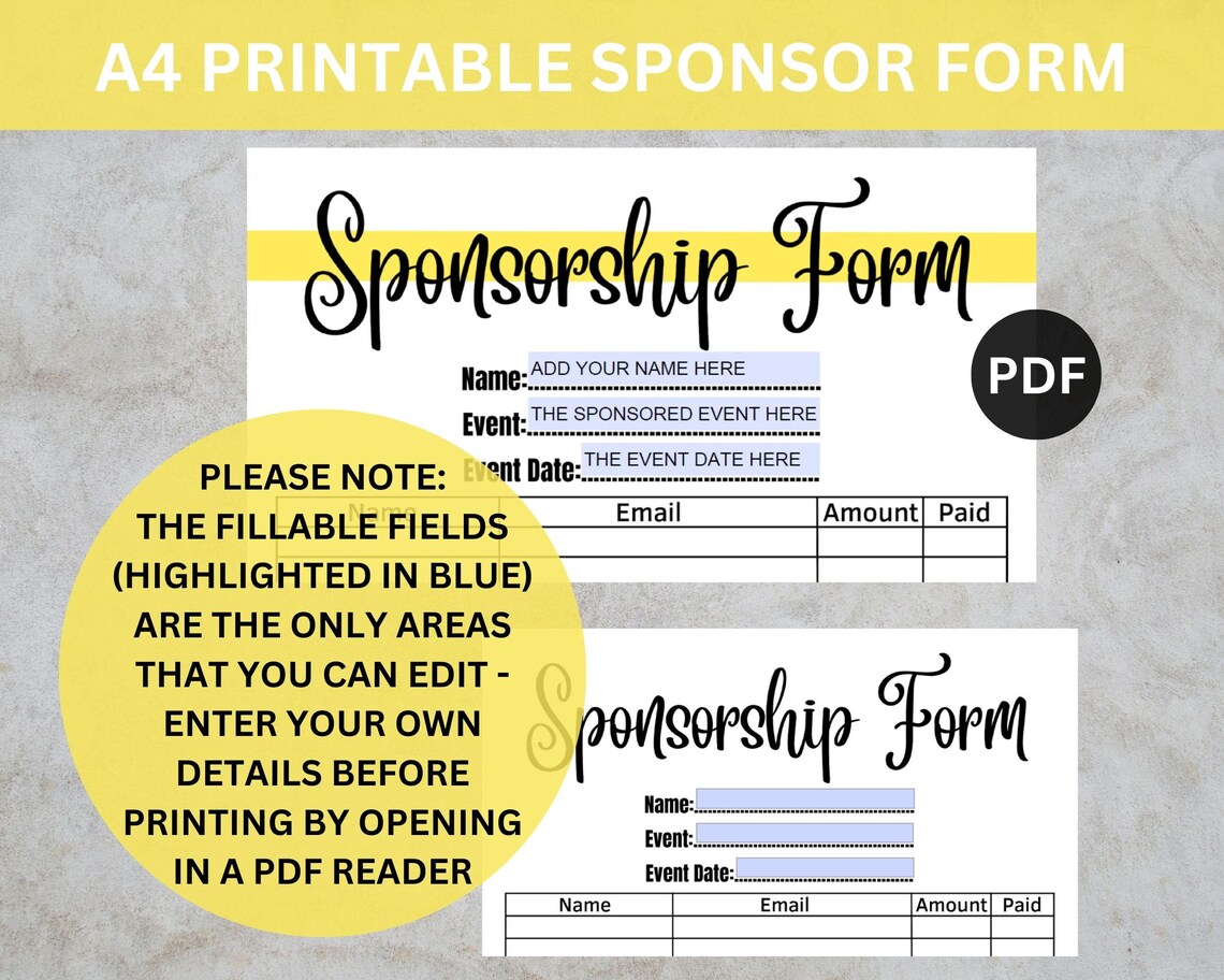 Sponsorship Form - Charity Fundraiser Form - PDF Printable - Instant ...