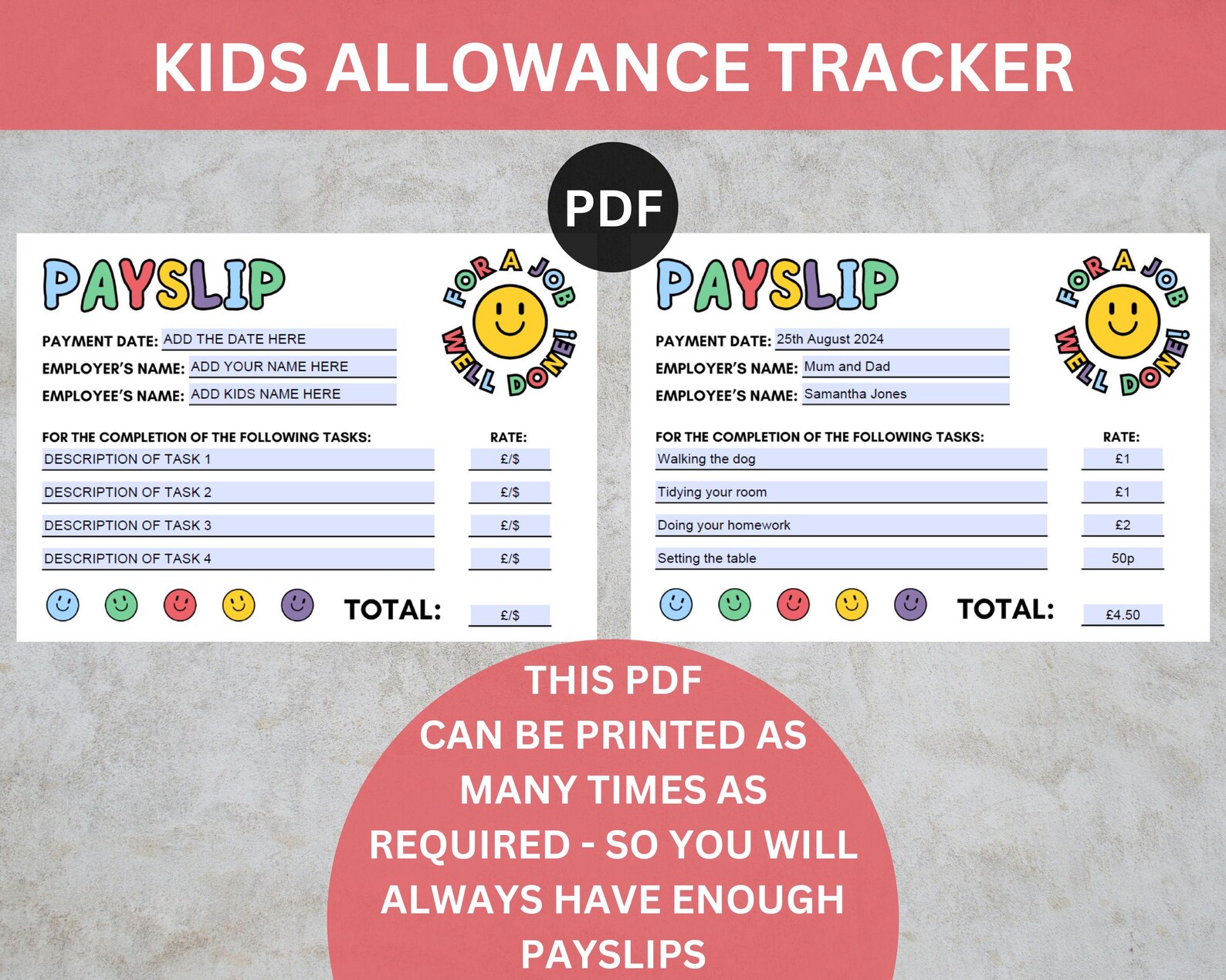 Editable Payslip for Kids, Printable Kids Paycheck, Kids Reward System ...