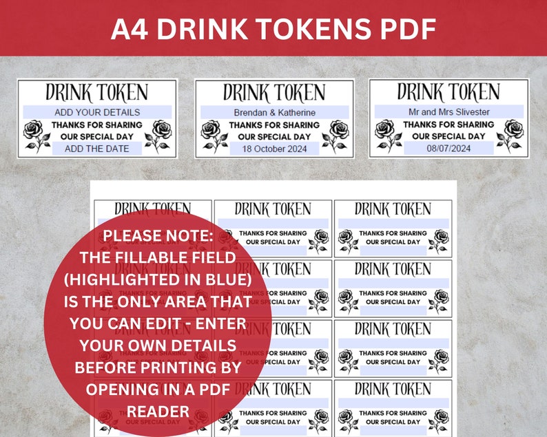Editable Wedding Drink Tokens, Customisable Wedding Drink Token ...
