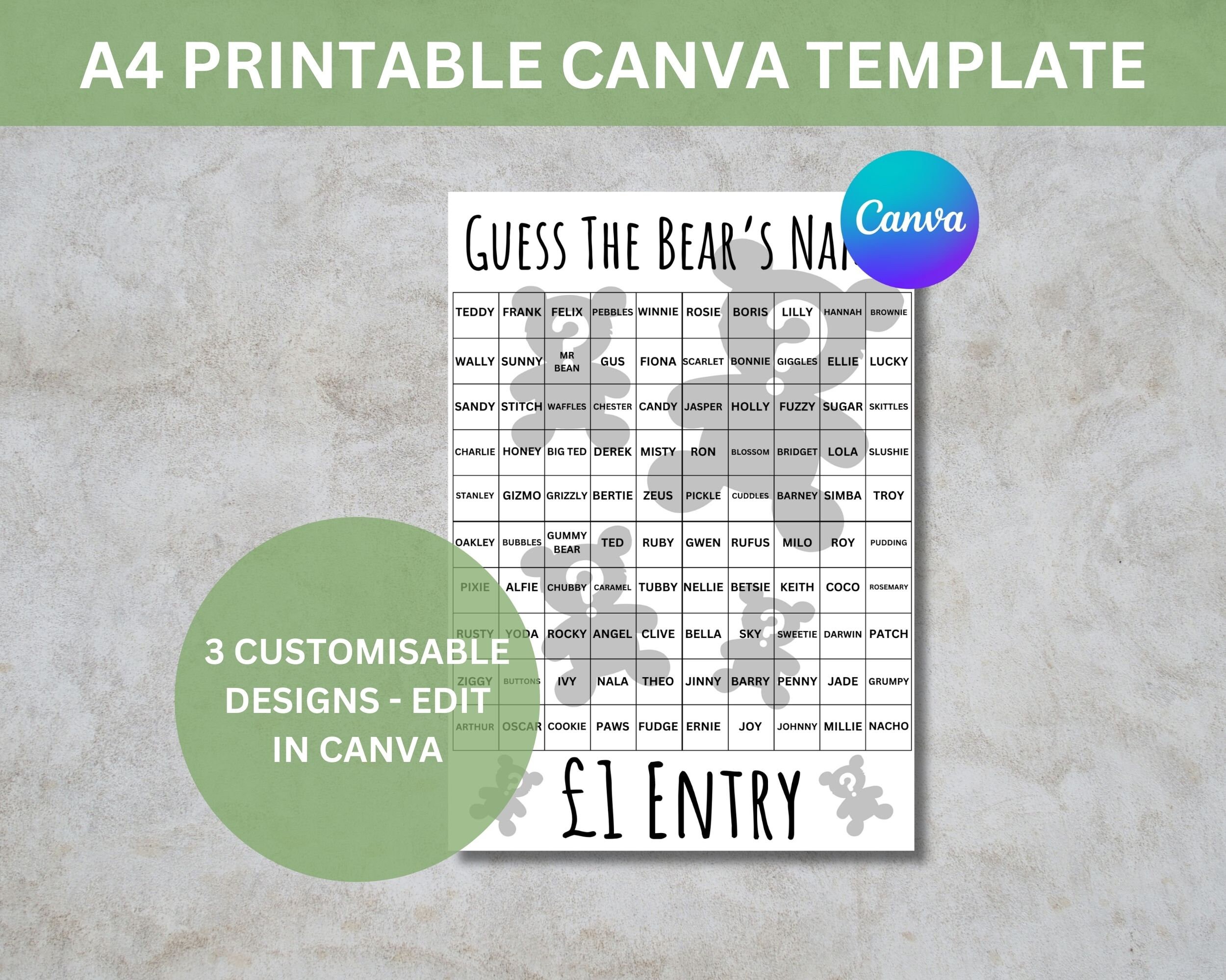 Charity Fundraising Game, Guess the Bear's Name Canva Template, Guess ...