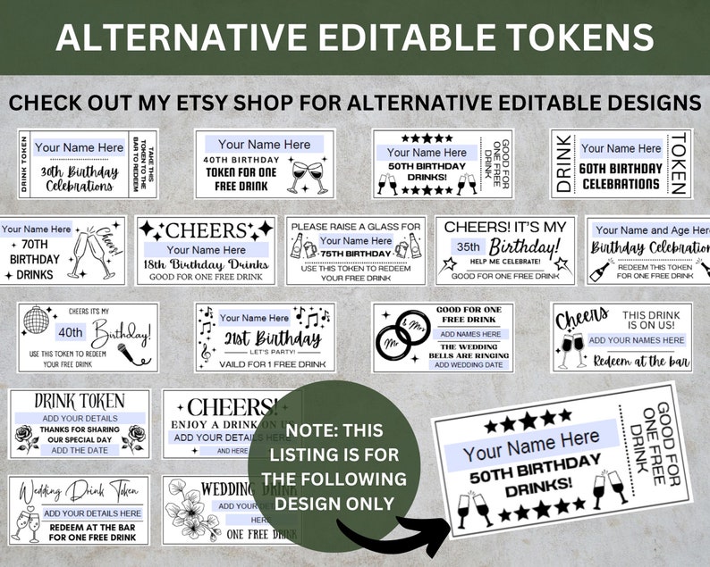 Editable 50th Birthday Drink Tokens, Printable Birthday Drink Tokens ...
