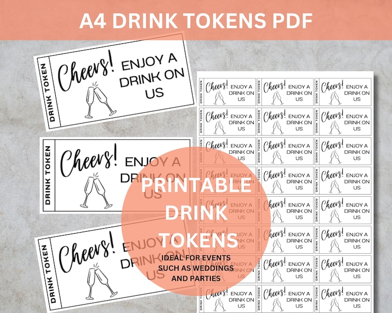 Printable Drink Tokens, A4 PDF, Free Wedding Drinks, Free Drink Token ...