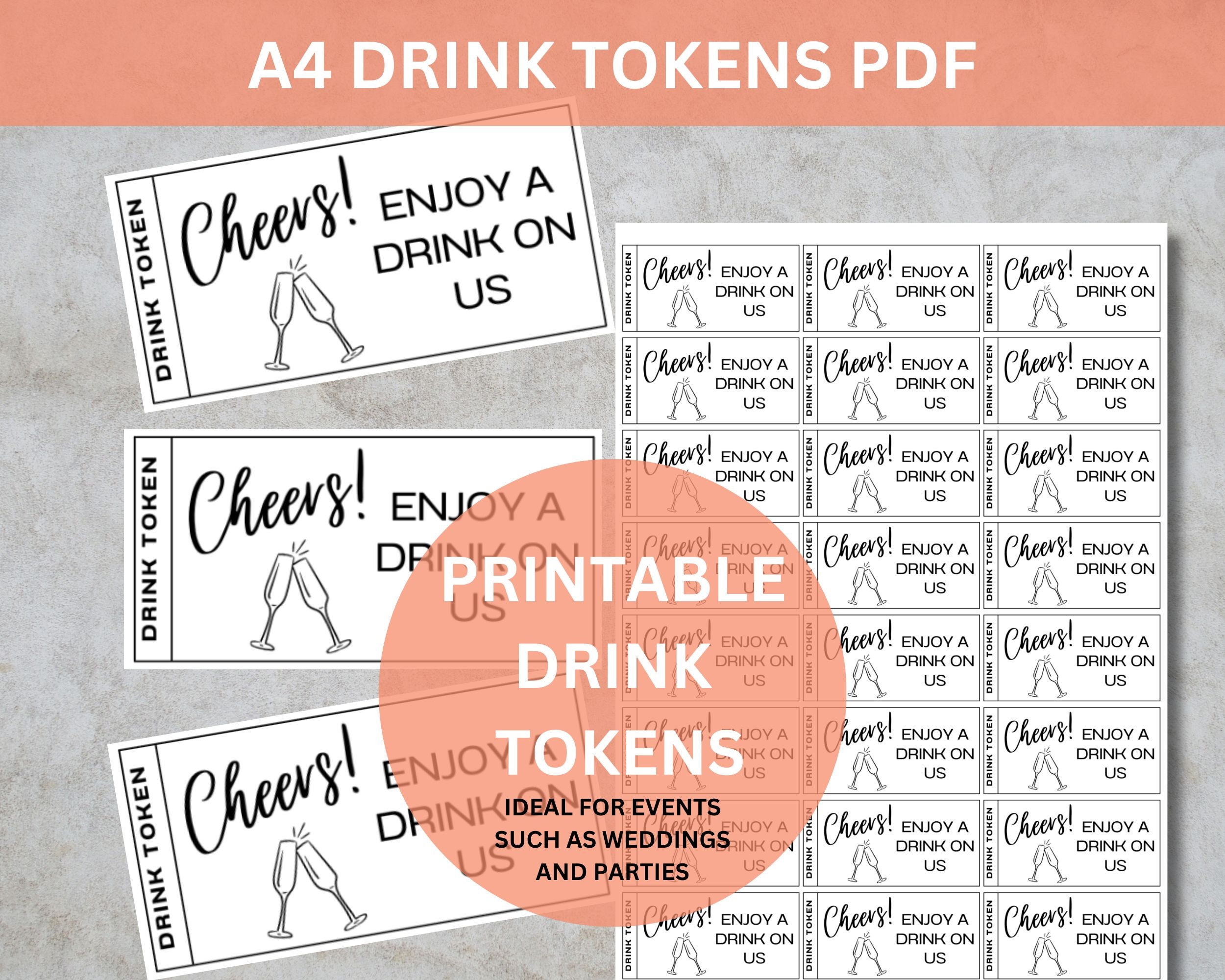 Printable Drink Tokens, A4 PDF, Free Wedding Drinks, Free Drink Token, Drink Voucher, Party ...