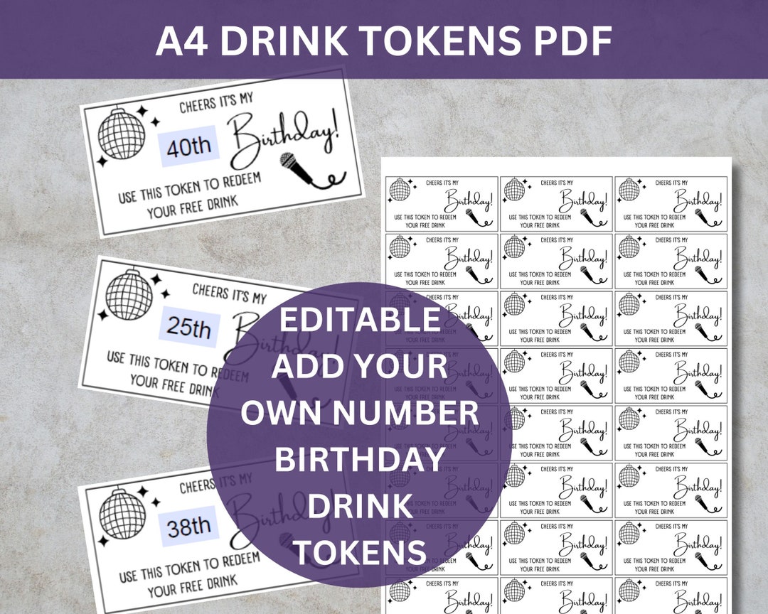 Add Your Own Number Birthday Drink Tokens, Printable Birthday Drink ...