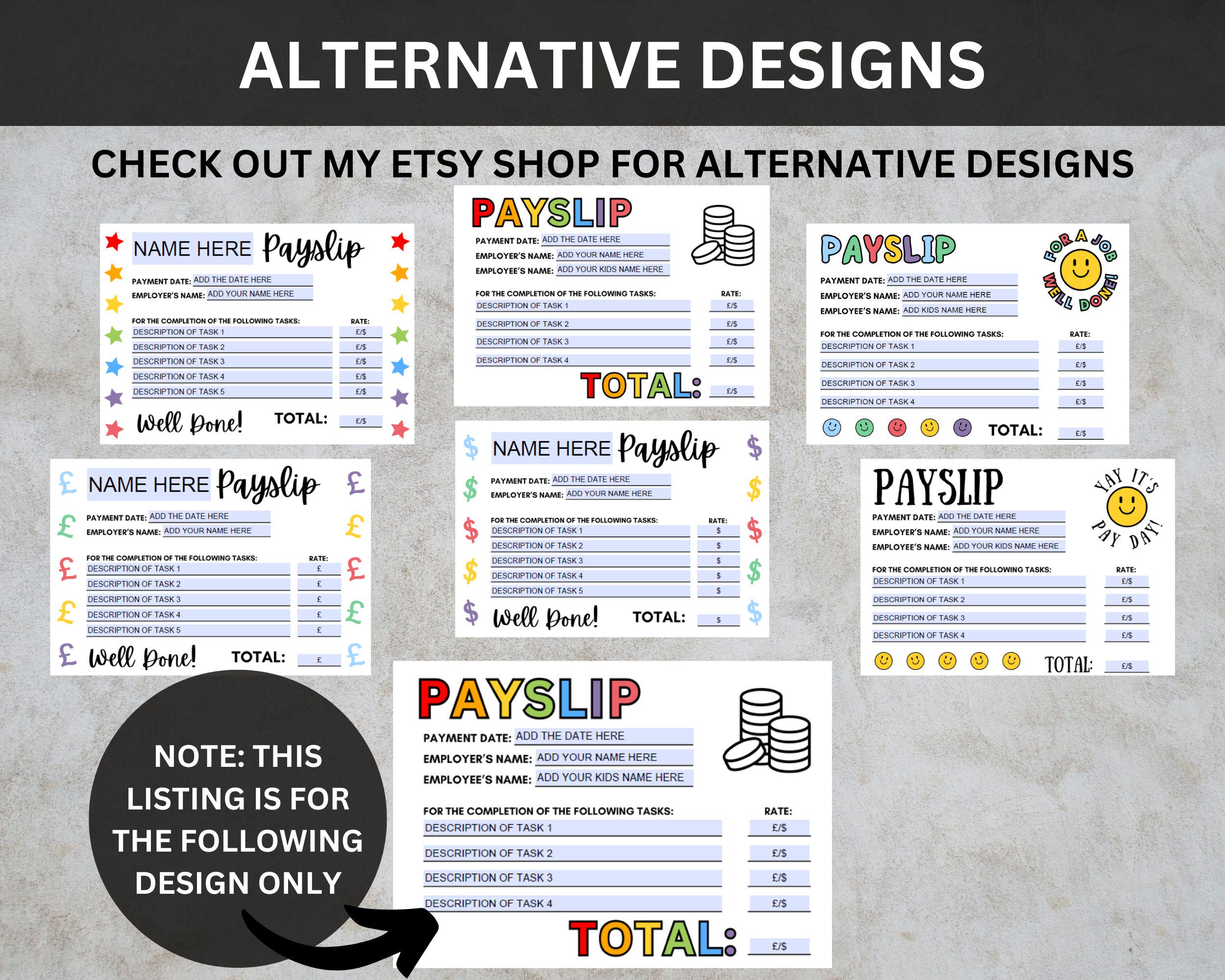 Editable Payslip for Kids, Printable Kids Pay Cheque, Chore Chart for ...