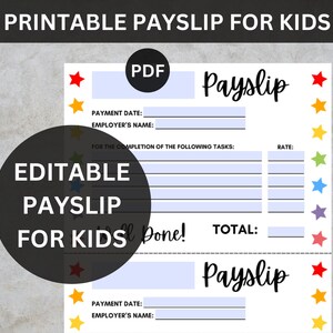 Editable Payslip for Kids, Printable Kids Paycheck, Chore Chart for Kid ...